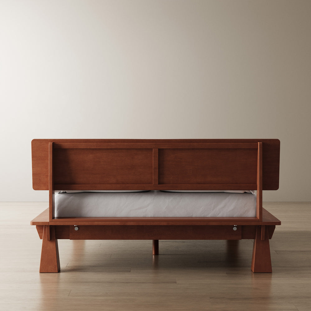 Platform Bed + Wooden Headboard in Walnut by Ineshi